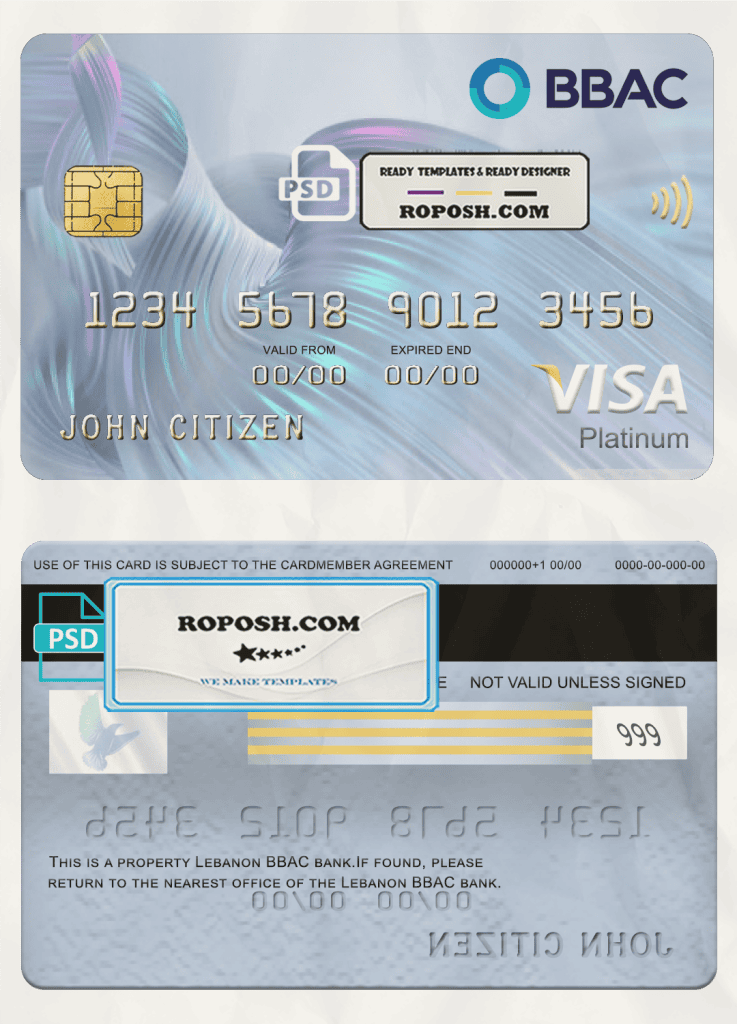Lebanon BBAC bank visa platinum card, fully editable template in PSD ...