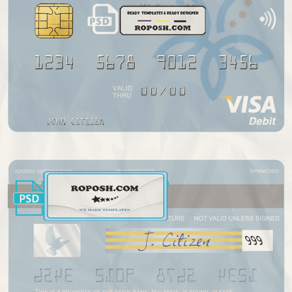 Malaysia Affin Bank visa card fully editable template in PSD format ...