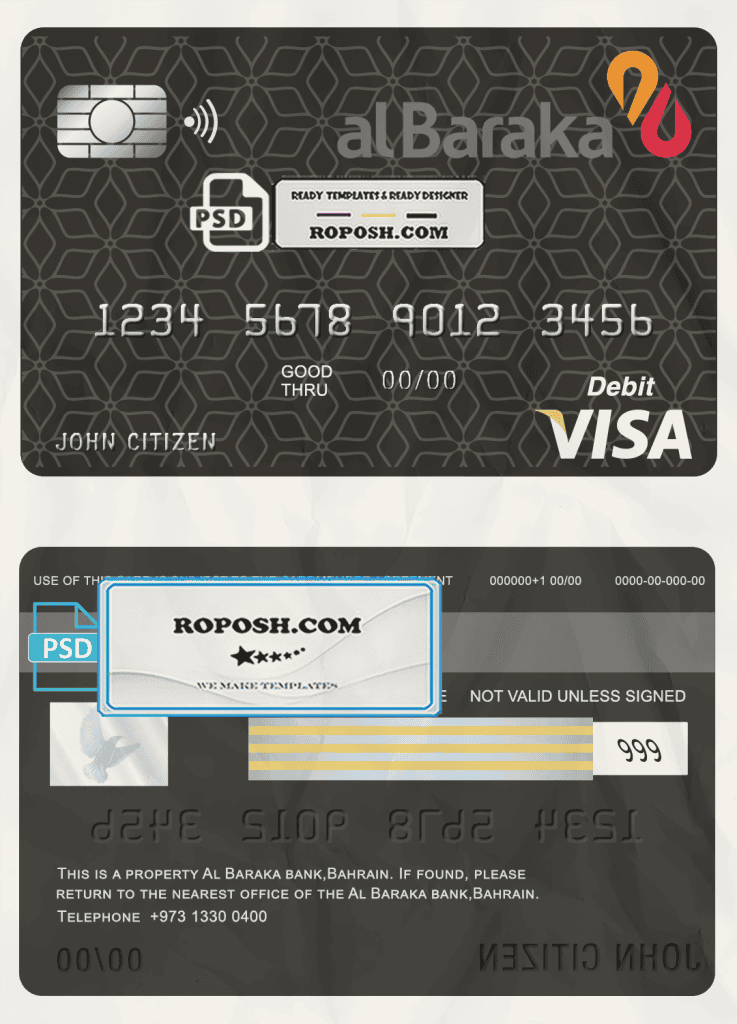 Bahrain Al Baraka bank visa card debit card template in PSD format ...