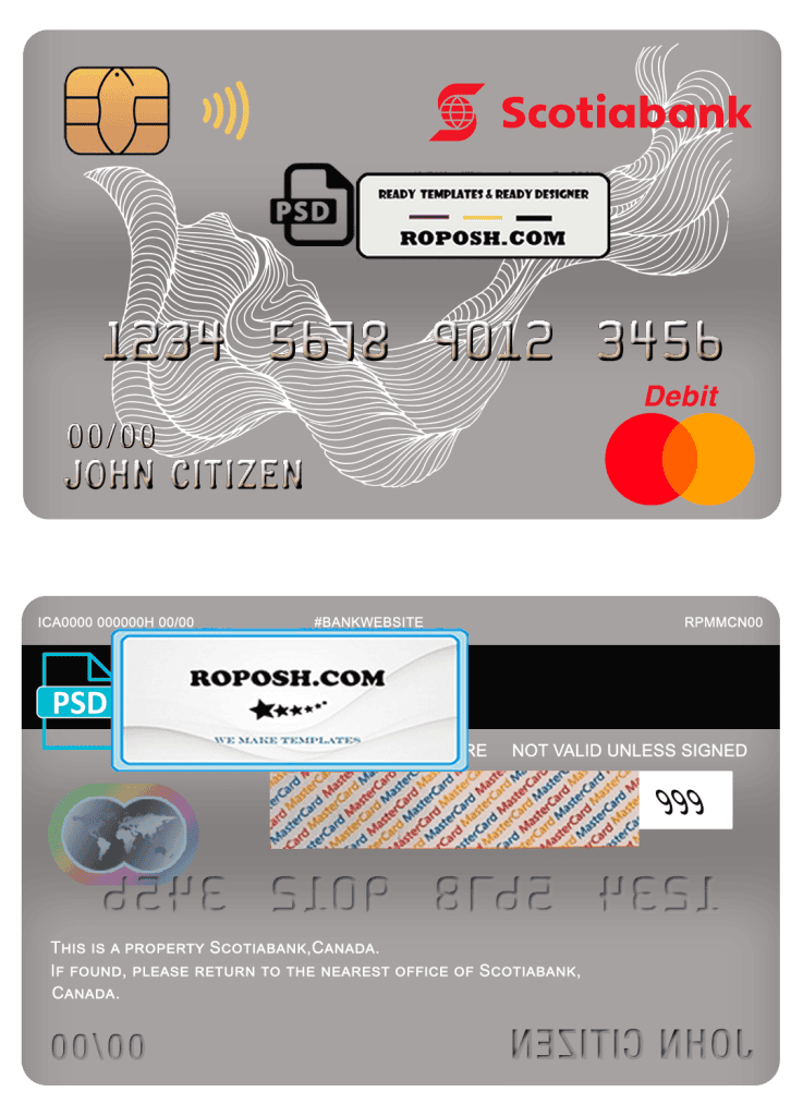Canada Scotiabank bank mastercard debit card template in PSD format, fully editable | roposh