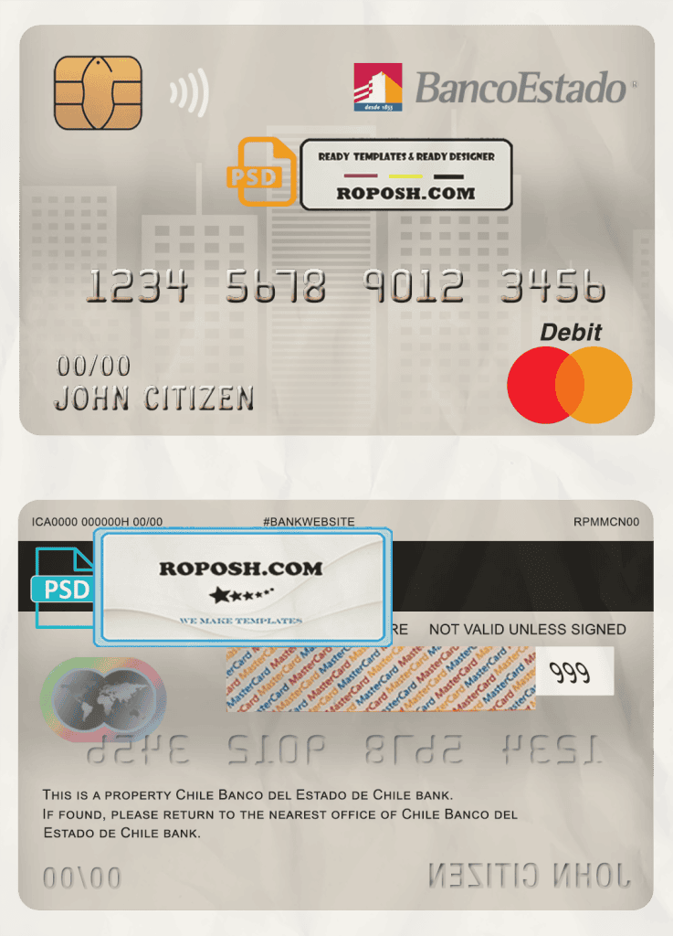 Chile Banco del Estado de Chile bank mastercard debit card template in PSD format, fully ...