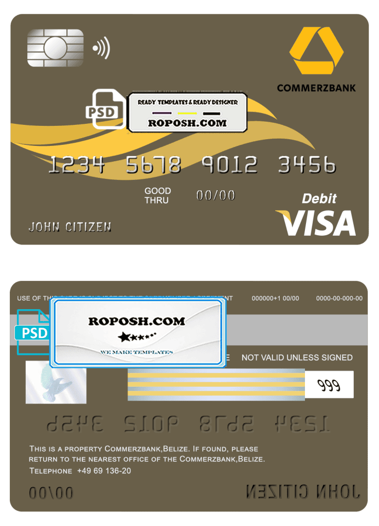 Belize Commerzbank visa card debit card template in PSD format, fully ...