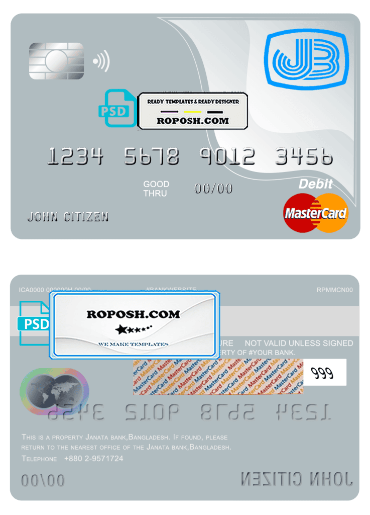 Bangladesh Janata bank mastercard debit card template in PSD format, fully editable | roposh