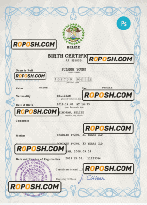 Belize vital record birth certificate PSD template | roposh
