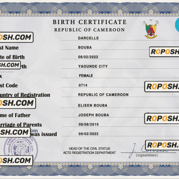 Cameroon vital record birth certificate PSD template | roposh
