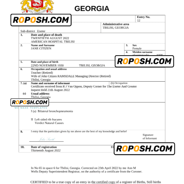 Georgia vital record death certificate Word and PDF template | roposh