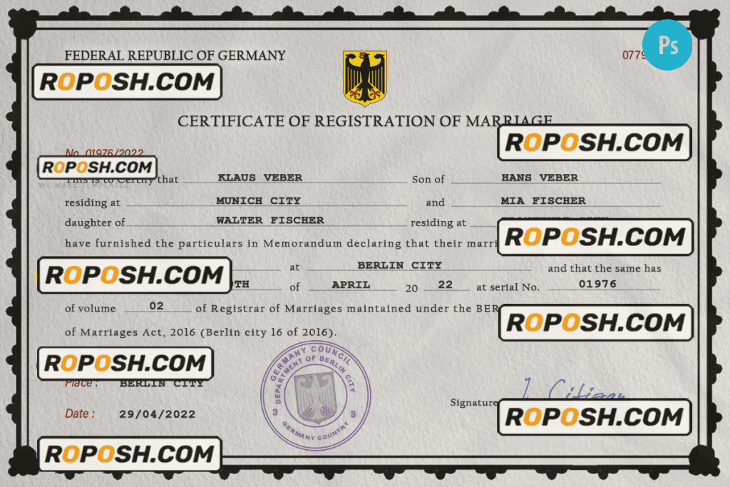 Germany marriage certificate PSD template, completely editable | roposh