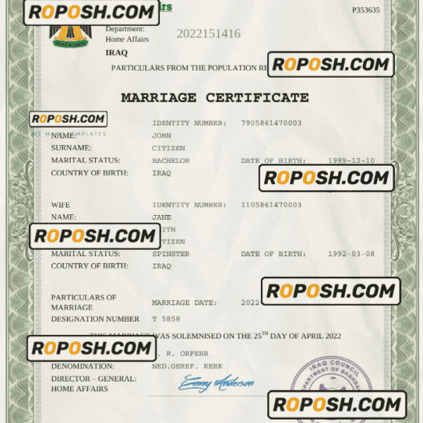 Iraq marriage certificate Word and PDF template, completely editable ...