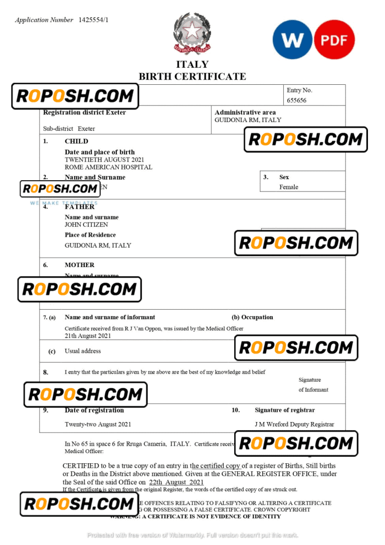 Italy birth certificate Word and PDF template, completely editable | roposh