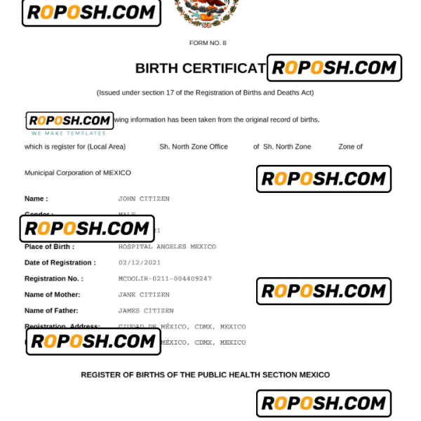 Mexico birth certificate Word and PDF template, fully editable | roposh