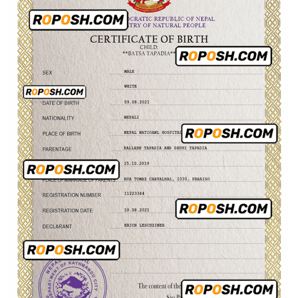 Nepal vital record birth certificate PSD template | roposh
