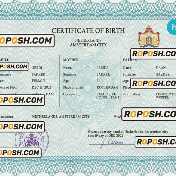 Netherlands vital record birth certificate PSD template, fully editable ...