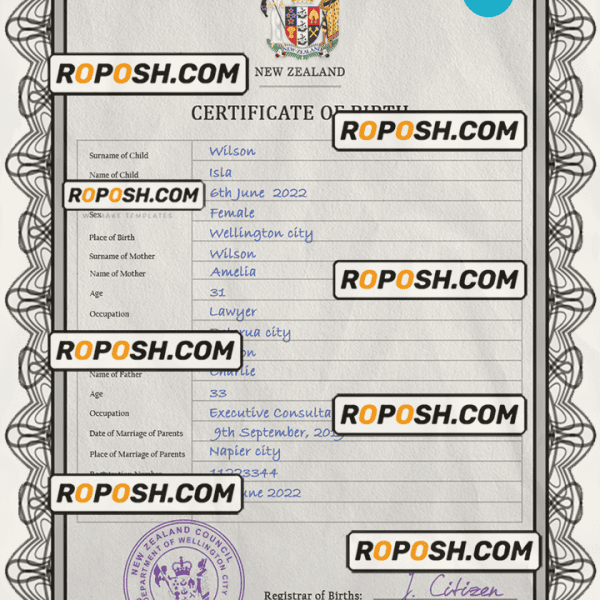 New Zealand birth certificate PSD template, completely editable | roposh