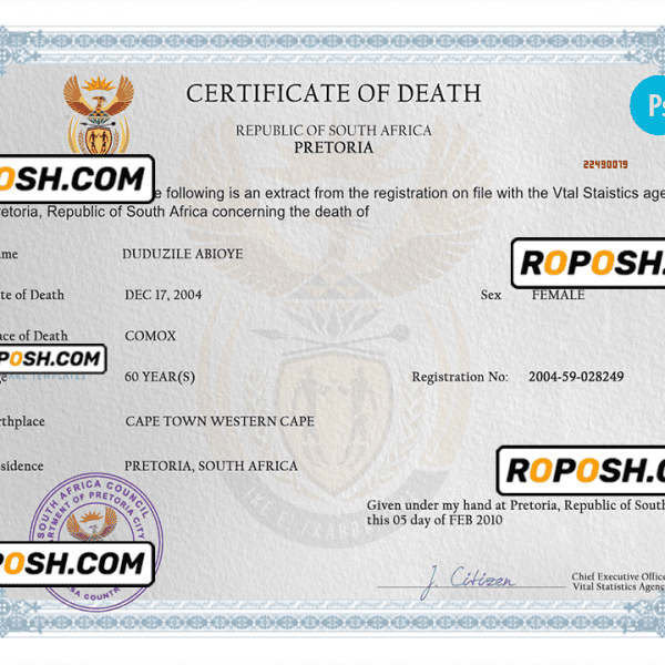 South Africa death certificate PSD template, completely editable | roposh