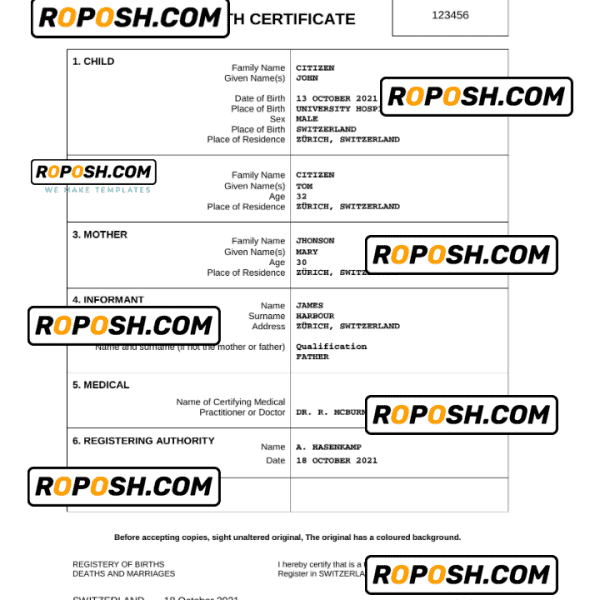 Switzerland vital record birth certificate Word and PDF template ...