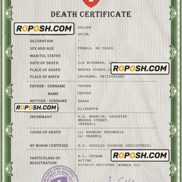 Switzerland death certificate PSD template, completely editable | roposh