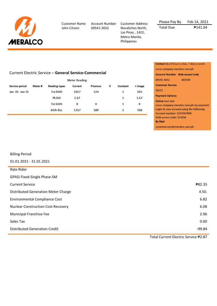 Philippines Manila Electric Company (Meralco) Electricity Bill, Word and PDF Free Template | roposh