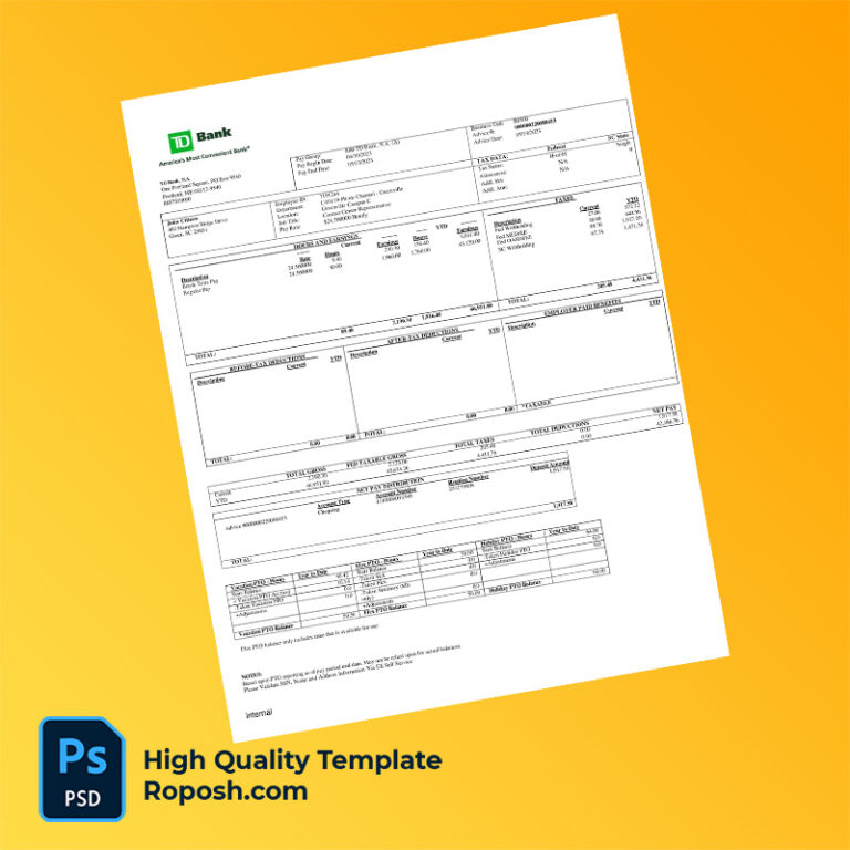 TD Bank N.A. pay stub word and pdf template | roposh