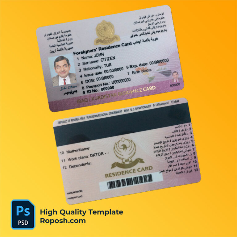 Iraq (Kurdistan) residence card PSD template | with fonts | roposh