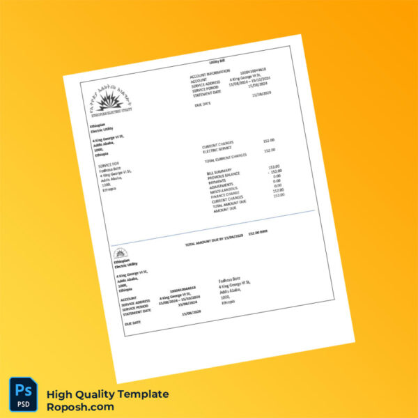 Ethiopia Ethiopian Electric Utility Editable Electricity Bill Template ...