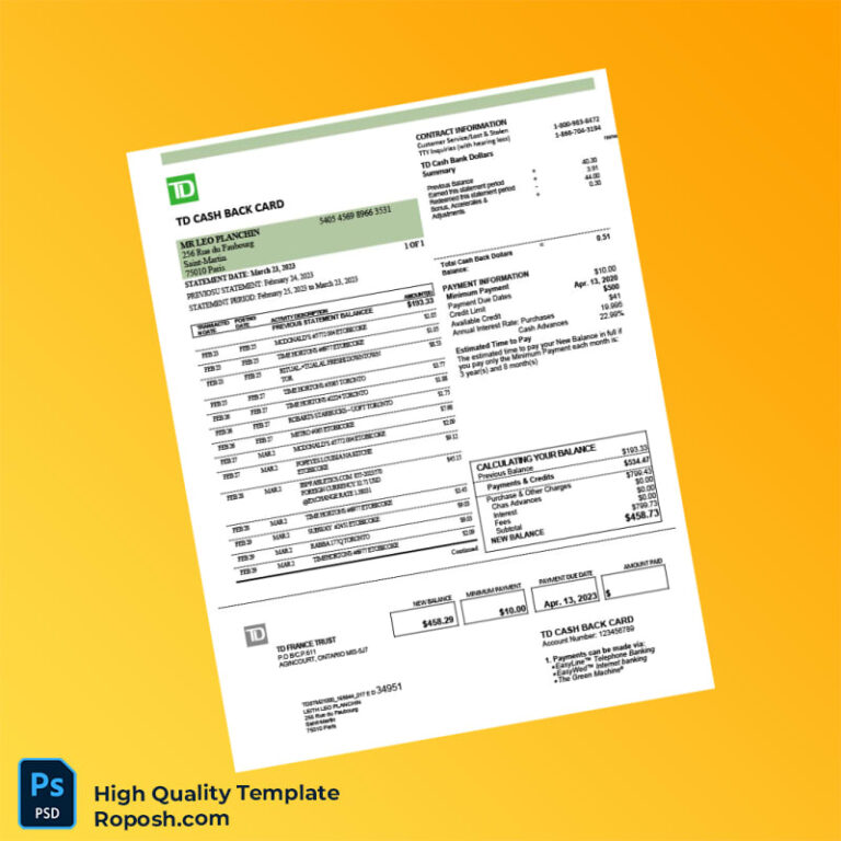 France TD France Trust Credit Card Statement Template in Word and PDF formats 2 page | roposh