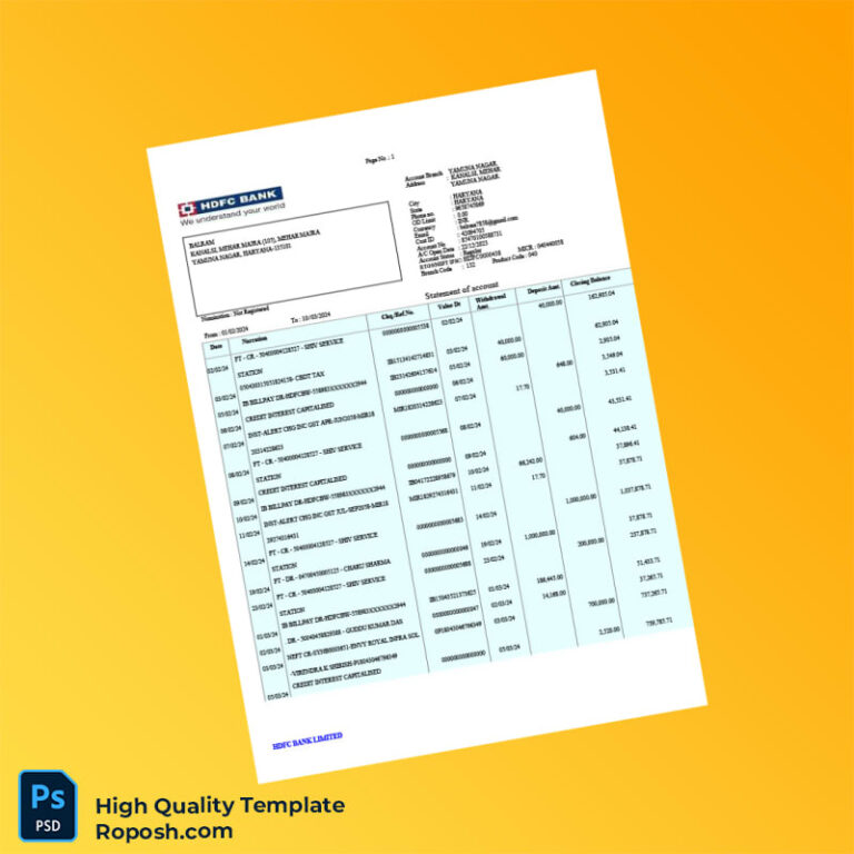 Haryana HDFC Bank Statement Template in Word & PDF