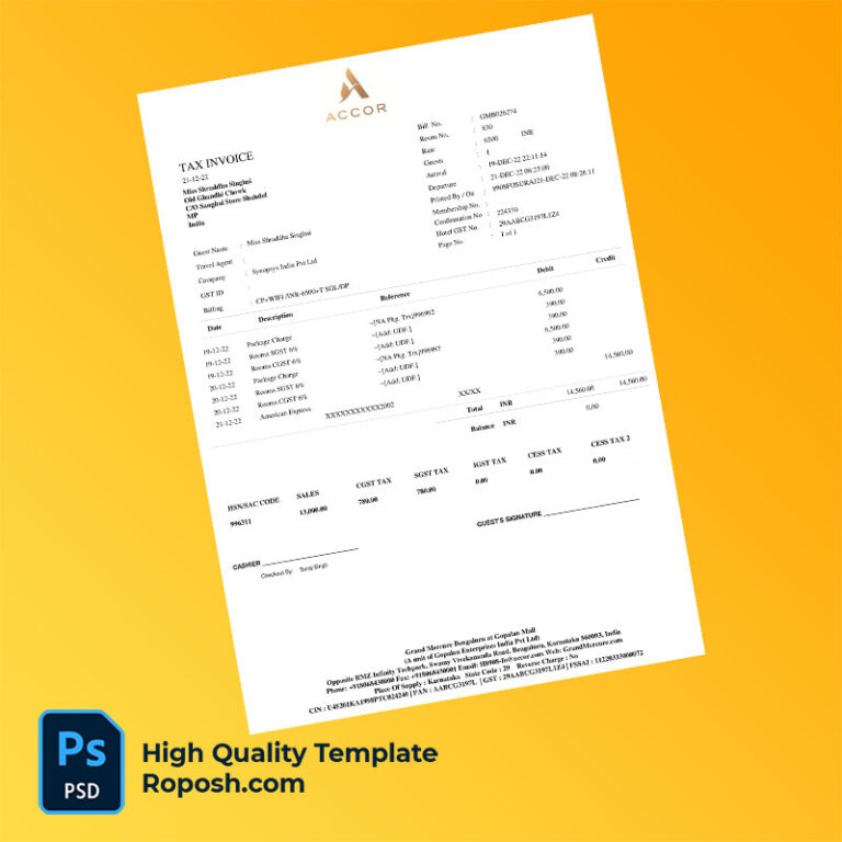 India Grand Mercure Bengaluru at Gopalan Mall Editable Hotel Bill ...