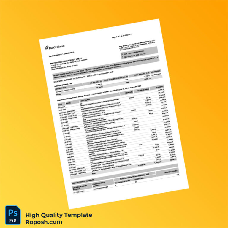 India ICICI Bank Statement Template PSD Word PDF