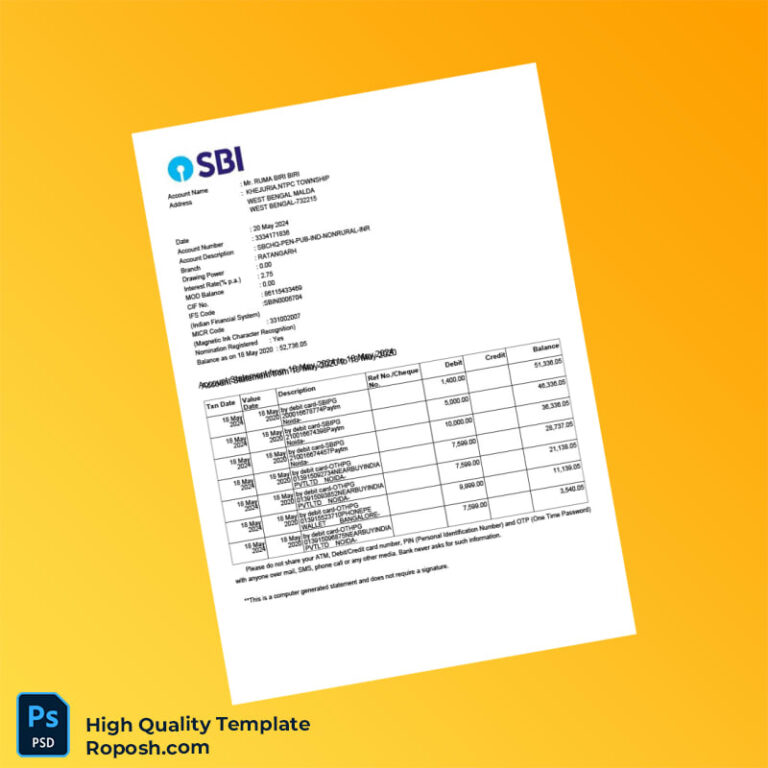 India SBIN Bank Statement Template in Word and PDF formats | roposh