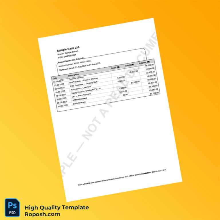 India Sample Bank Statement Template in Word and PDF formats | roposh