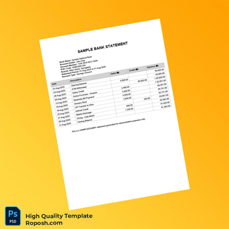 India Sample National Bank Bank Statement Template in Word and PDF ...