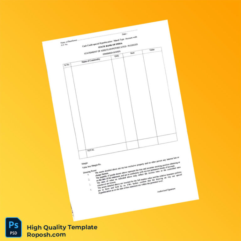 India State Bank Stock Statement Template - Editable
