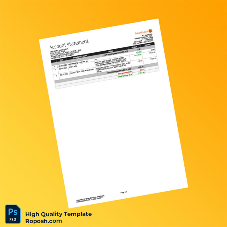 Ireland Swedbank Bank Statement Template in Word and PDF formats | roposh