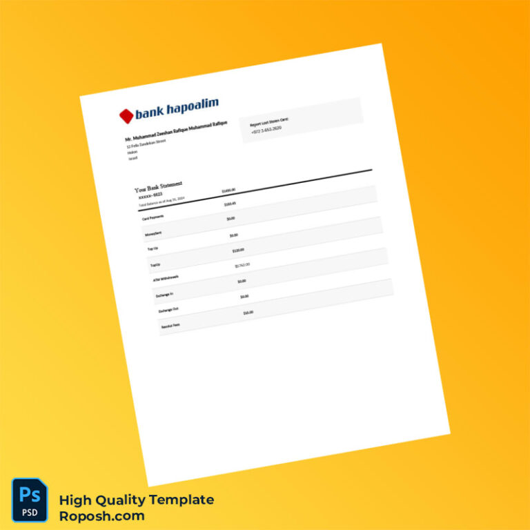 Israel Hapoalim Bank Statement Template in Word and PDF formats | roposh