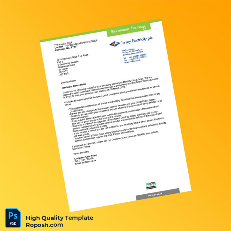 Jersey Jersey Electricity plc Editable Electricity Bill Template in ...