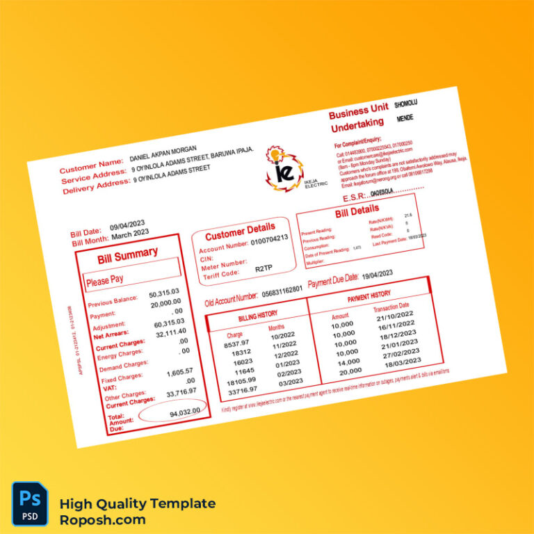 Nigeria Ikeja Electric Editable Electricity Bill Template in Word and ...