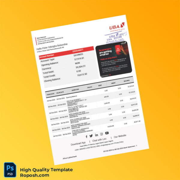 Nigeria UBA Group Bank Statement Template in Word and PDF formats 2 page | roposh