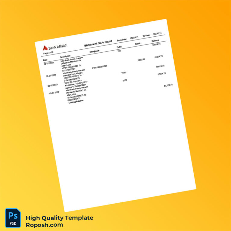 Pakistan Alfalah Bank Editable Statement Of Account Template in Word and PDF formats 2 page | roposh