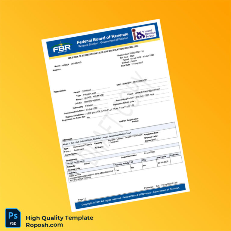 Pakistan Federal Board of Revenue Editable Income Tax Registration Form ...