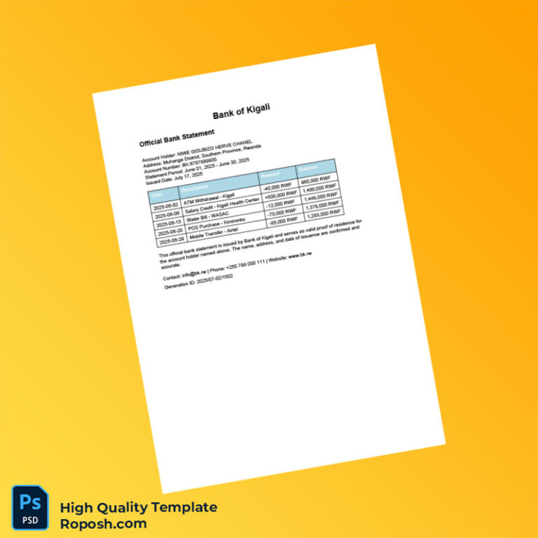 Rwanda Bank of Kigali Official Bank Statement Template in Word and PDF ...