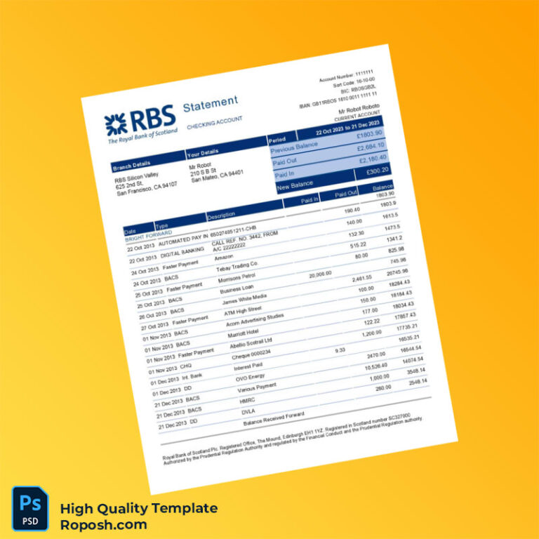 UK RBS Bank Statement Template in Word and PDF formats | roposh