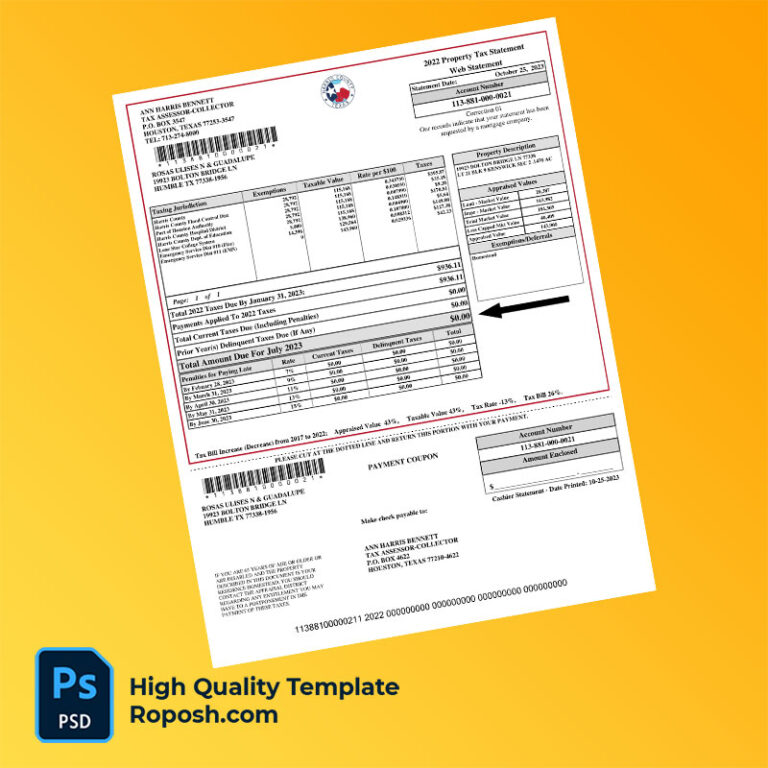 USA Harris County Appraisal District Editable Property Tax Receipt ...