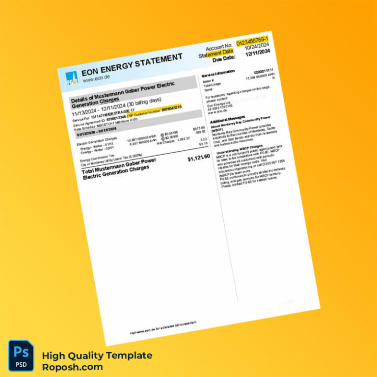 USA Eon Energy Editable Electricity Bill Template in Word and PDF ...