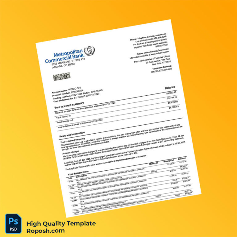 USA Metropolitan Commercial Bank Statement Template in Word and PDF ...