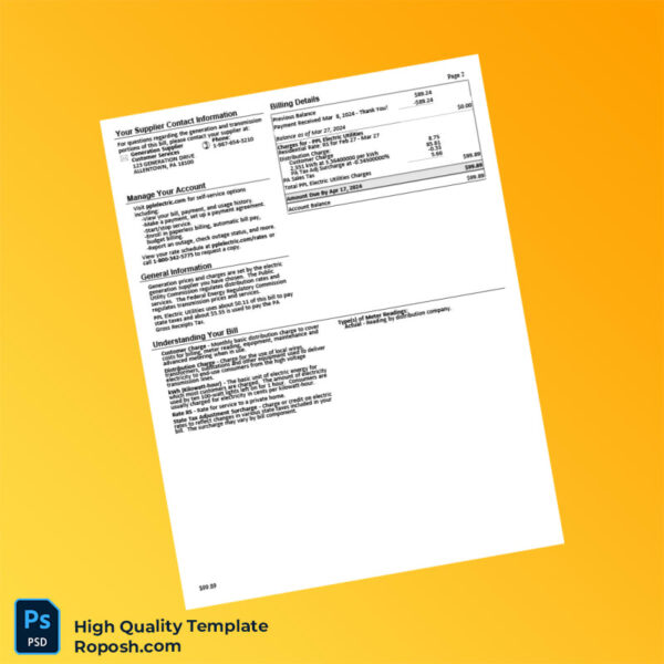 USA PPL Electric Utilities Editable Electricity Bill Template in Word ...