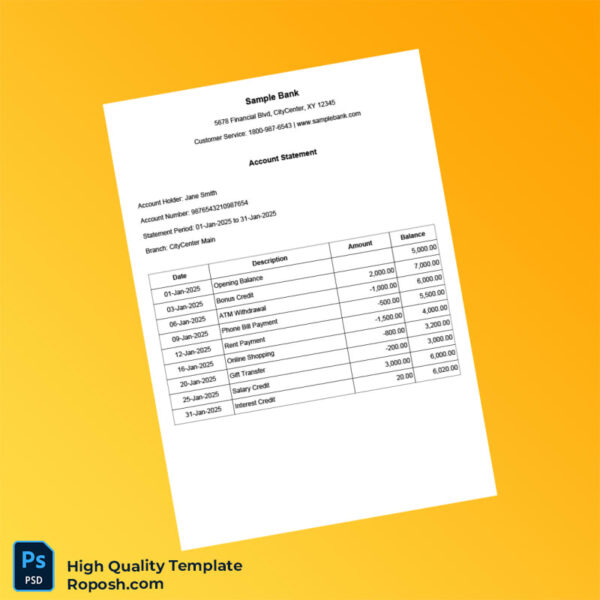 USA Sample Bank Account Statement Template in Word and PDF formats | roposh