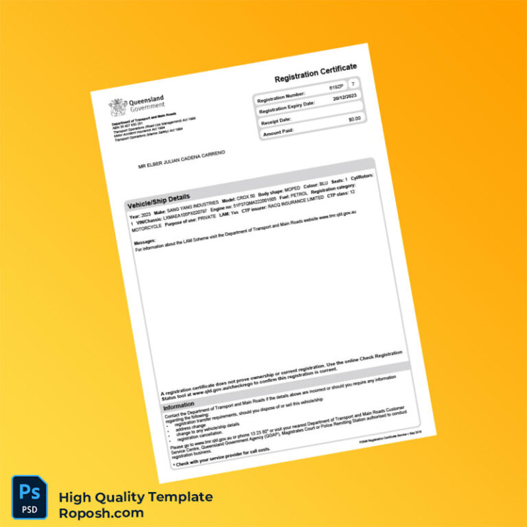Australia Department of Transport and Main Roads Editable Registration Certificate Template in ...