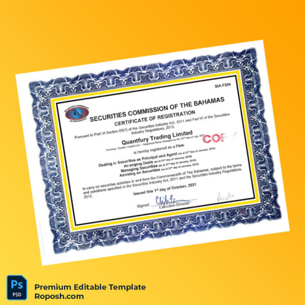 Bahamas Securities Commission Certificate of Registration Editable Word ...