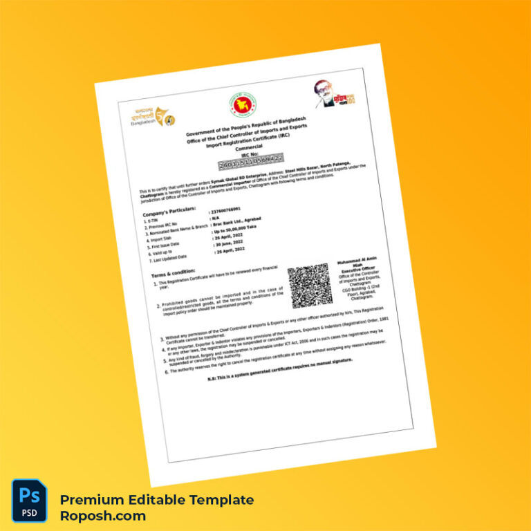 Bangladesh Office of the Chief Controller of Imports and Exports Import Registration Certificate ...