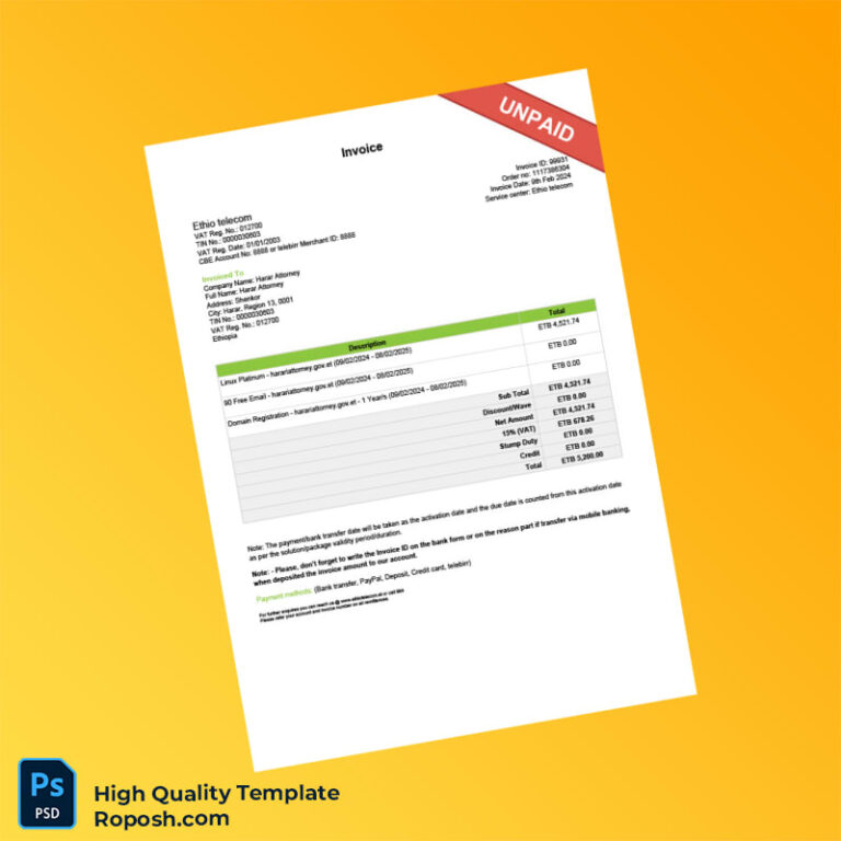 Ethiopia Ethio Telecom Invoice Template in Word and PDF formats | roposh